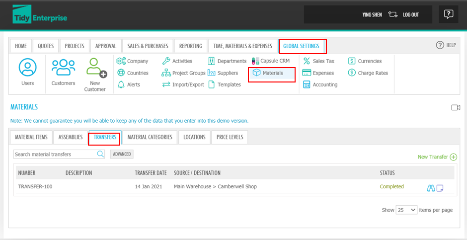 Transfer materials between locations